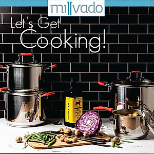 Millvado Stock Pot, 6 Quart Stainless Steel Pot, StockPot With Clear Glass Lid, Steam Hole, Permanent Measurement Markings, Gas, Electric and Induction Compatible Boiling Pot