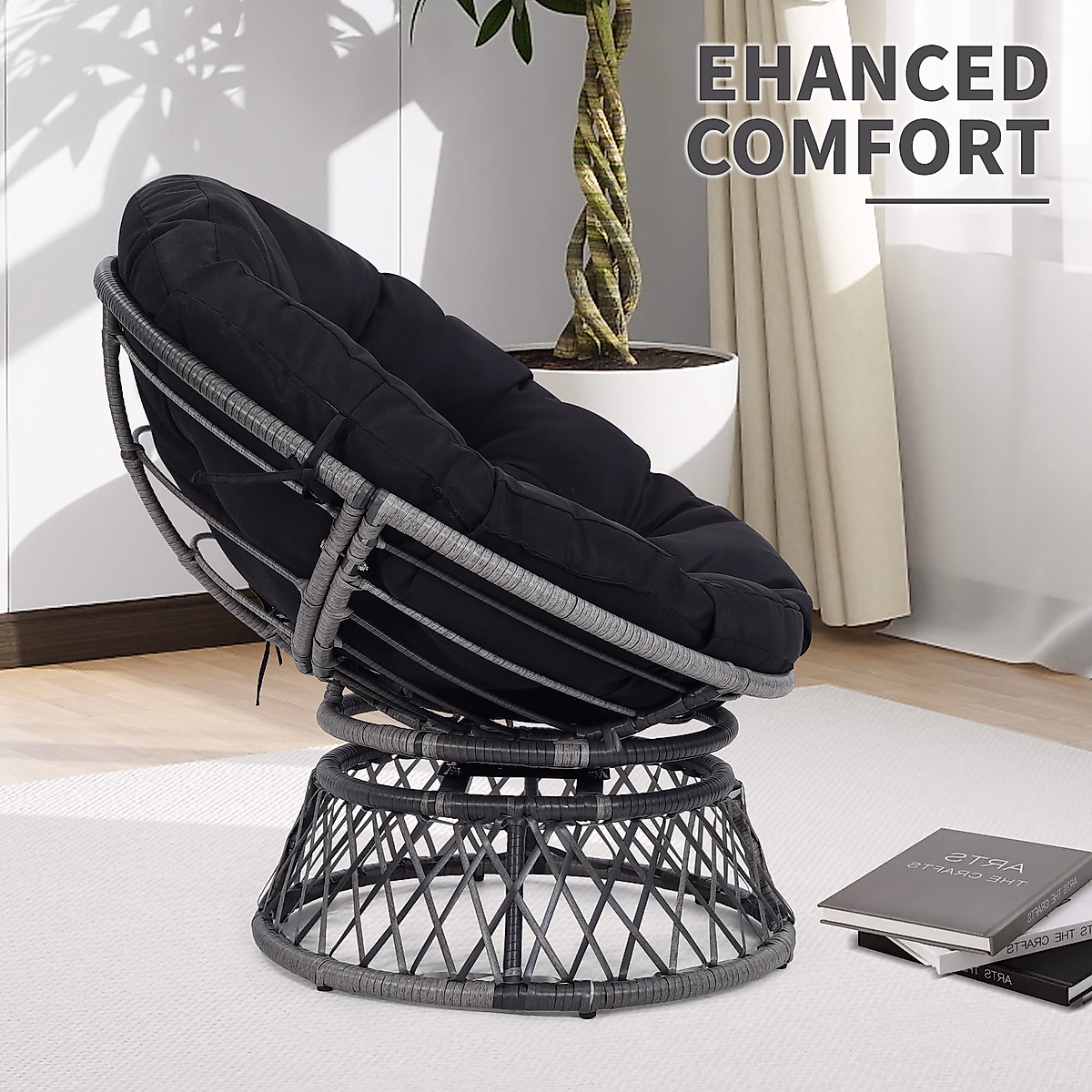 KROFEM 37" Wicker Papasan Circle Chair 360° Swivel, Indoor Outdoor Furniture, Ideal for Teenagers, Frame with Black Thick Cushion