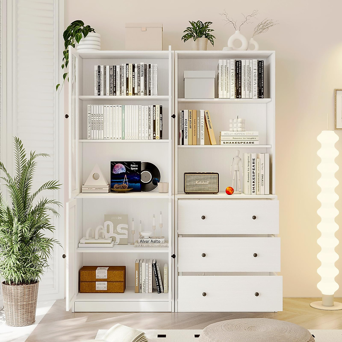 TUSY 71" Bookshelf Bookcase, 3-Tier Modern Bookshelves 3 Large Drawer, Wood Filing Cabinet with Open Storage Shelf, Glass Doors 5-Tier Fixed Storage Shelves for Home Office