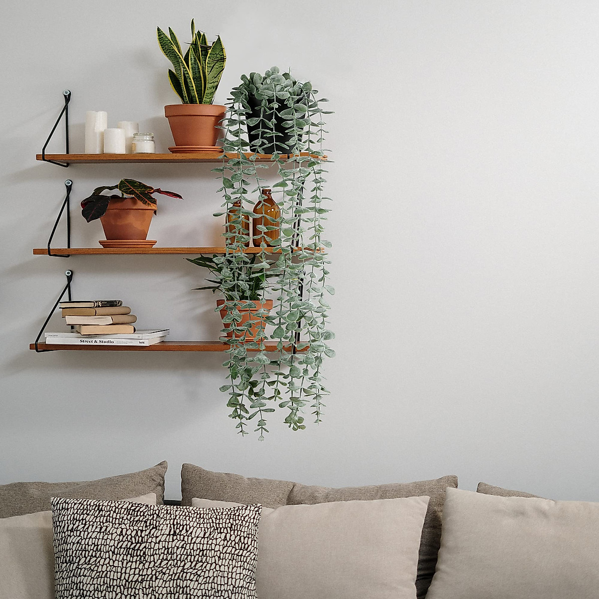 Sggvecsy Artificial Hanging Eucalyptus Plants Fake Hanging Plant 2 Pack Fake Potted Hanging Greenery Potted Hanging Eucalyptus for Home Indoor Outdoor Wall Garden Wedding Decor