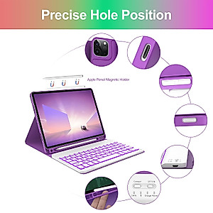 iPad Air 5th 2022/Air 4th 2020 Generation Case with Keyboard 10.9 Inch, 7 Colors Backlit- Detachable Bluetooth Keyboard- Slim Folio Stand with Pencil Holder for Pro 11 Inch 4th/3rd/2nd/1st Gen, Purple