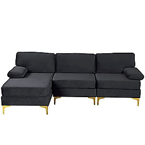 Casa Andrea Milano Modern Sectional Sofa L Shaped Velvet Couch, with Extra Wide Chaise Lounge and Gold Legs
