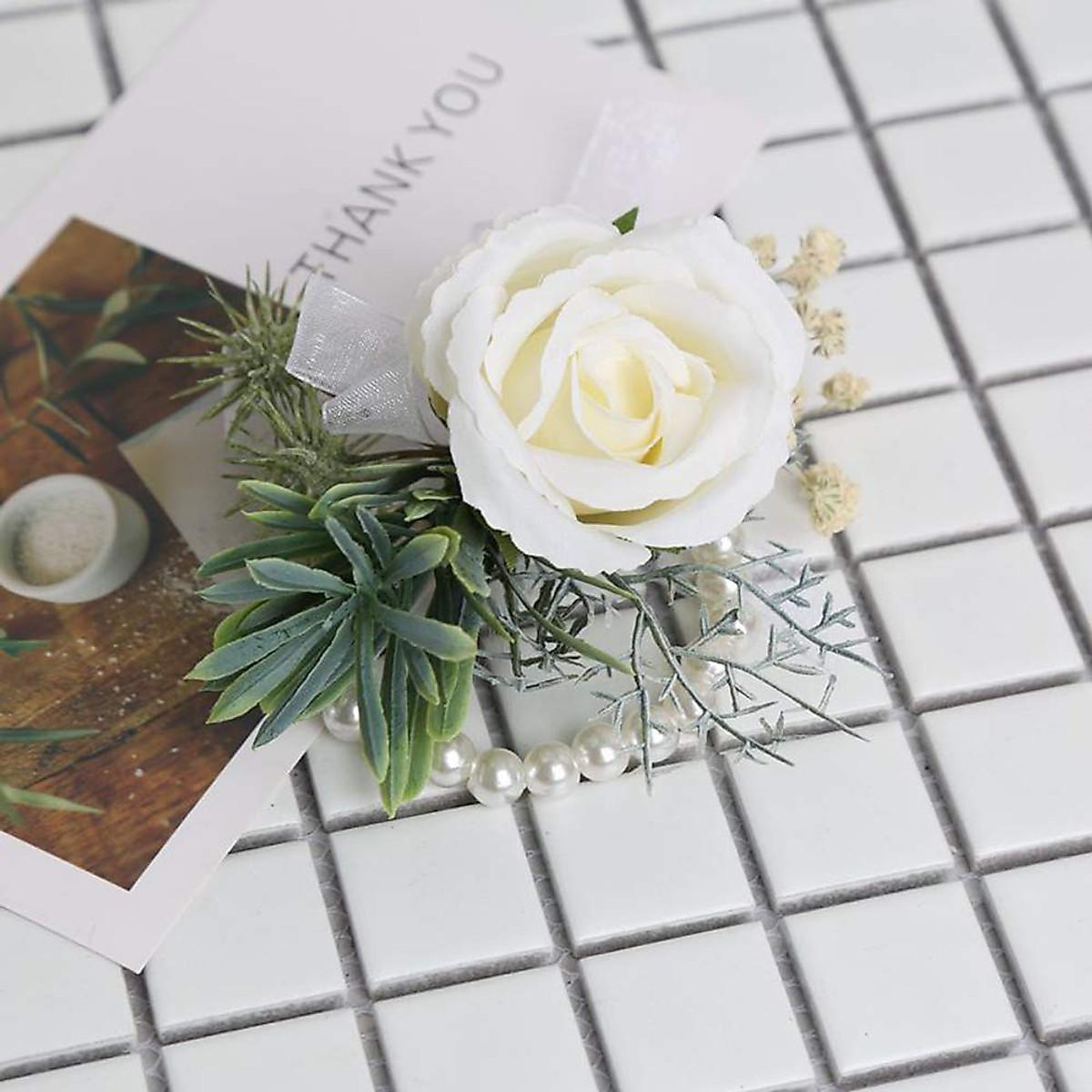 DearHouse 2 Pack Boutonniere Buttonholes and Wrist Corsage Wristband Roses Wrist Corsage, Groom Groomsman Best Man and Girl Brides Rose Wedding Flowers Accessories Prom Suit Decoration