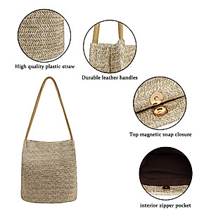 Women Straw Shoulder Bag Bucket Bag Beach Hobo Handbag Top Handle Satchel Purse for Summer, Dark Beige