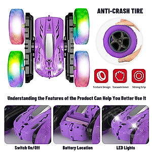 Traverse Star Remote Control Car 360° Rotating RC Cars, 2.4Ghz Double Side RC Stunt Car with Wheel Lights Headlights, RC Race Car Toys for Boys Girls Age 8-12 Christmas Birthday Gift(Purple)