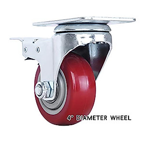 Finnhomy 4 Inch Caster Wheels Set of 4 with Brake Heavy Duty Plate Swivel Casters Premium Polyurethane Wheels PU Load Bearing 2,000 Lbs Lockable Anti-wear Smooth Casters Red (Free Screws)