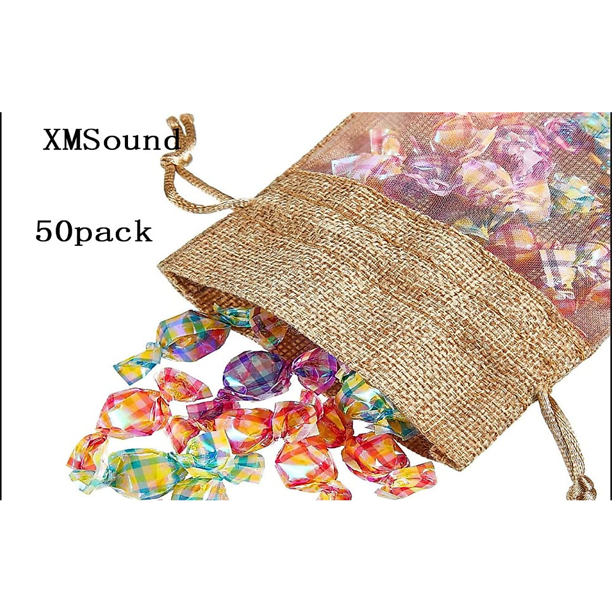 XMSound 50 Pack 5x7 Inch Linen Burlap Sheer Bag Organza Bag Burlap Bags Gift Bags with Drawstring, for Wedding Party Favors Cosmetic Samples Mesh Pouch DIY Craft