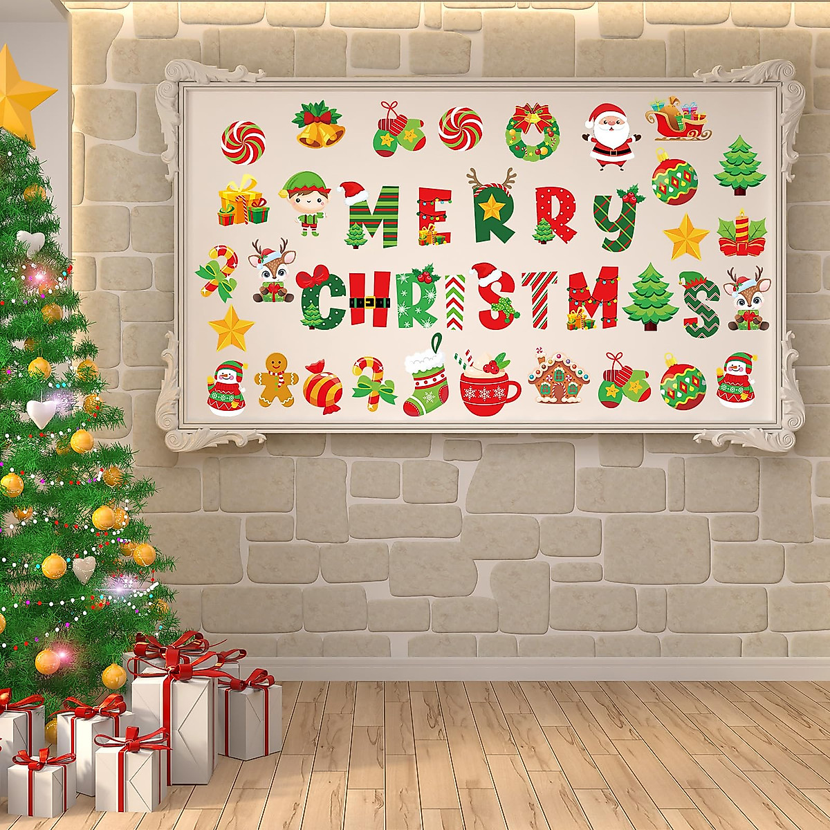 Estune 72 Pcs Merry Christmas Bulletin Board Set Winter Decoration Set Christmas Tree Candy Wreath DIY Cardstock Paper Cutout Holiday Borders Bulletin Teacher Supplies