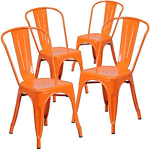 Flash Furniture Luke Commercial Grade 4 Pack Orange Metal Indoor-Outdoor Stackable Chair