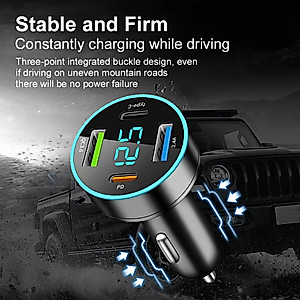 Car Charger,4-in-1 Super Fast Car Charger Adapter with Voltmeter & Blue LED,Universal PD+QC3.0+USB C Ports Car Cigarette Lighter USB Charger Compatible with iPhone Android (QC3.0+Type-C+PD+2.4A)
