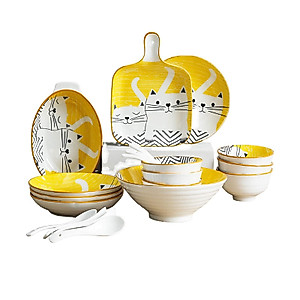 GagalU Porcelain Plate and Bowl Set,Creative Home Dinnerware Set 20 Piece of Cute Hand-Painted Cat Dinner Plate Sets Ceramic Plates and Bowls Sets, Service for 6 Dinnerware Set