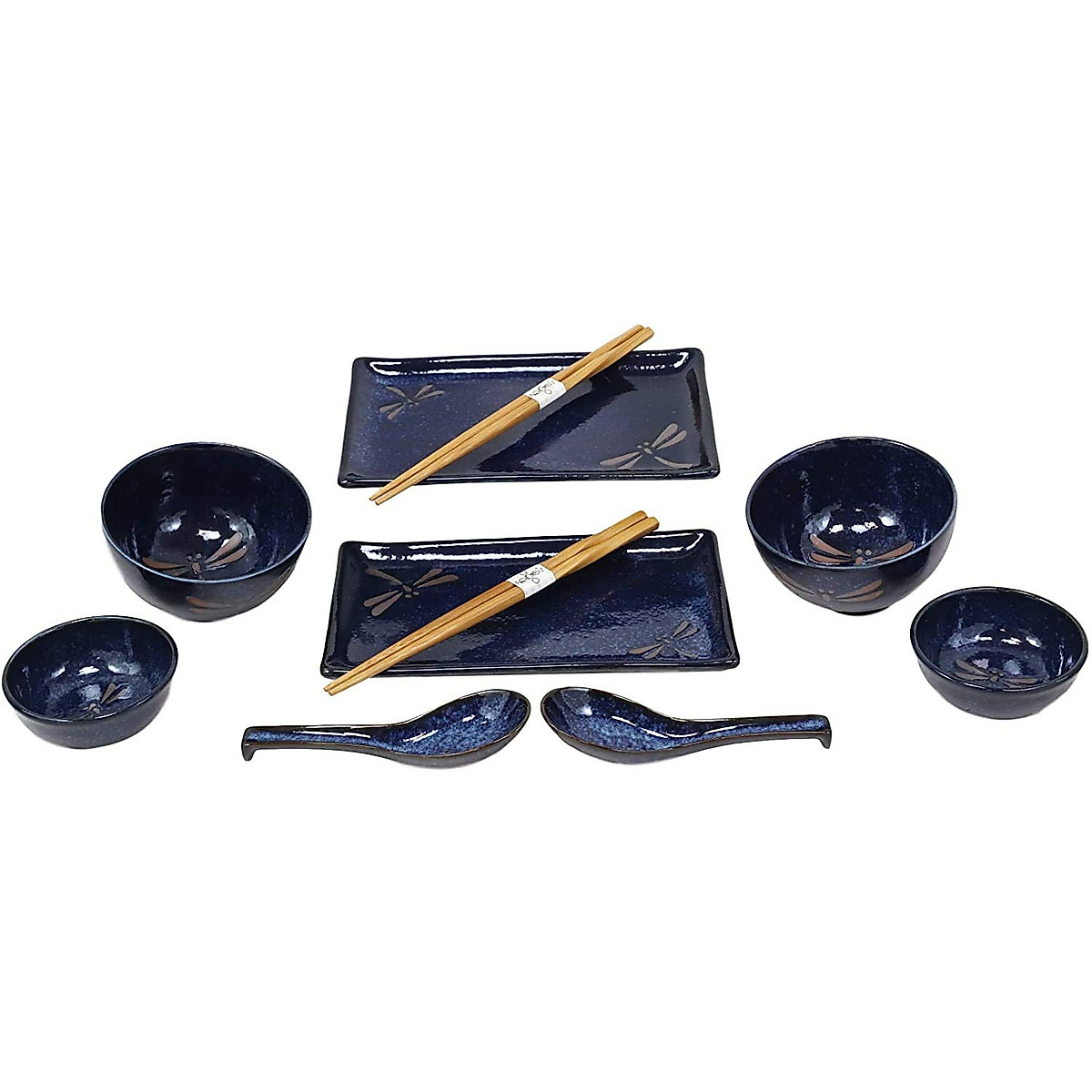Ebros Gift Japanese Mino Ware Tombo Dragonfly Blue Porcelain Sushi Dinnerware 10pc Set For 2 People Pairs of Sushi Plates Soup And Sauce Bowls Bamboo Chopsticks Asian Soup Spoons Housewarming Gift