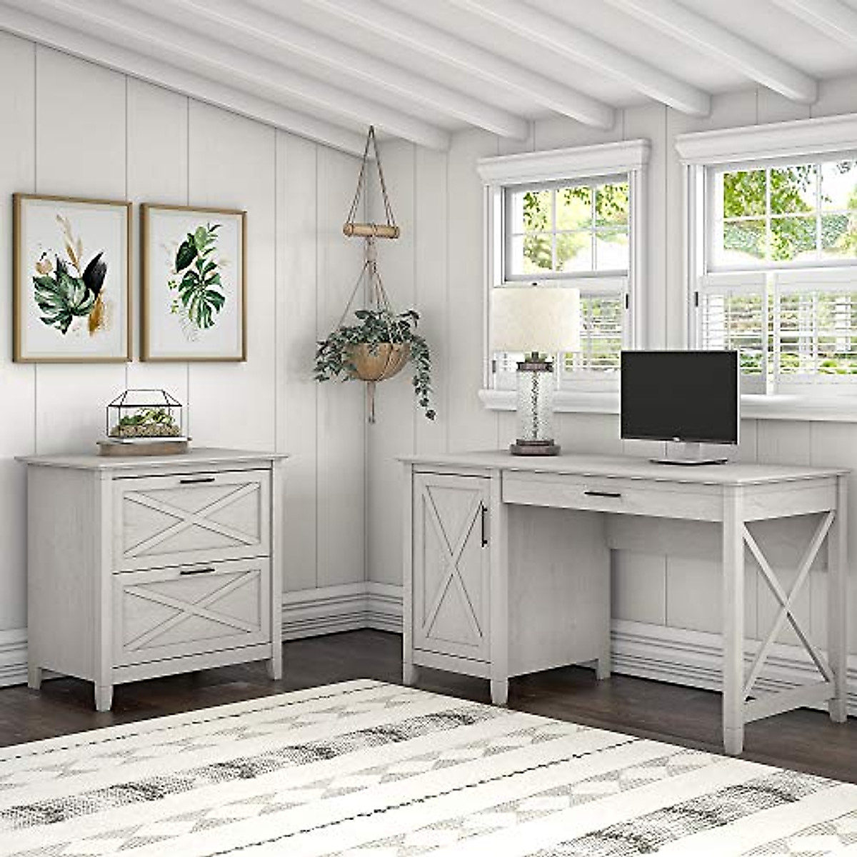 Bush Furniture Key West 54W Computer Desk with Storage and 2 Drawer Lateral File Cabinet in Linen White Oak