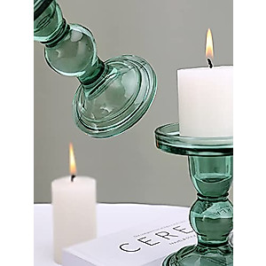 Lewondr Glass Candle Holders, 3 Pieces Crystal Clear Candlesticks with Elegant Design for Pillar Taper Candle and Tea Light, Home Table Living Room Wedding Party Decorations Home Décor - Green