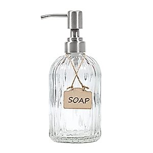 Funly mee Bathroom and Kitchen Clear Glass Soap Dispenser with Vertical Stripe - 16 Oz, 304 Rustproof Stainless Steel Pump, Refillable Liquid Glass Soap Dispenser for Hand Soap, Dish Soap (Clear)