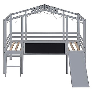CITYLIGHT Twin Size Loft Bed with Slide, Low Loft Bed Frame with Blackboard and Light Strip on The Roof, Wood Kids Slide Bed for Girls, Boys, Grey