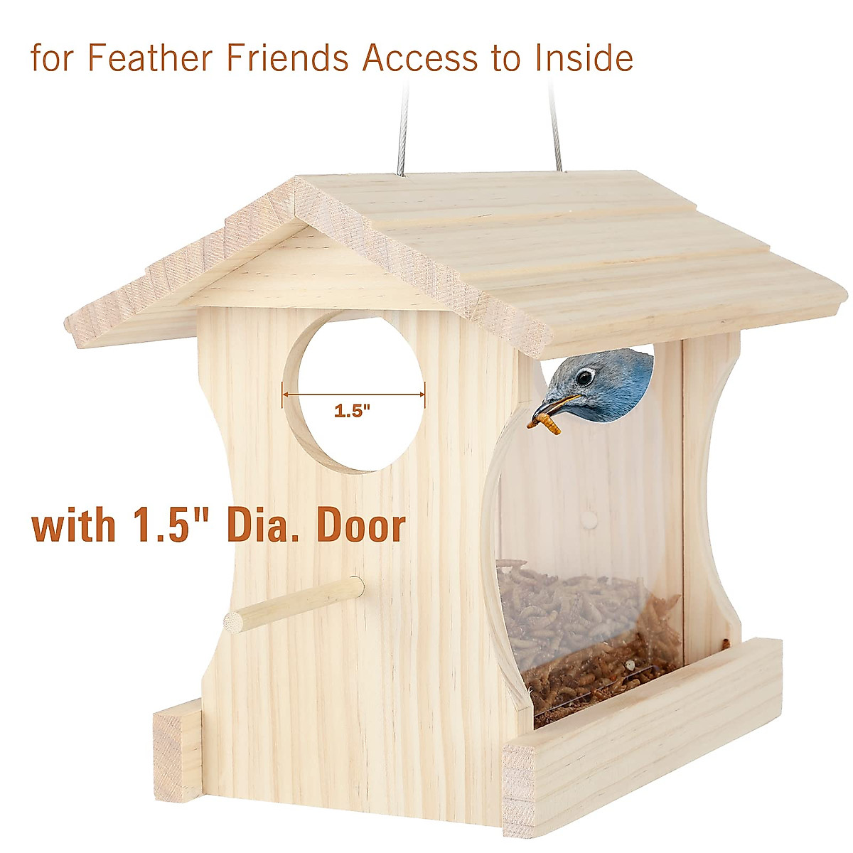 Solution4Patio Wooden Bluebird Mealworm Feeder, W/Perches, Two Side 3.2" Dia Entry Holes, Metal Mesh Tray, Large Capacity, Easy to Clean & Fill, 8.6" W x 5.6" D x 8.2" H, B101D01-US