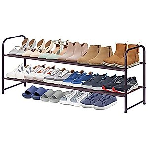 AOODA 2 Tier Long Shoe Rack for Closet Stackable Wide Low 18-Pairs Fabric Shoe Shelf Storage Organizer for Floor,Bedroom (Bronze)