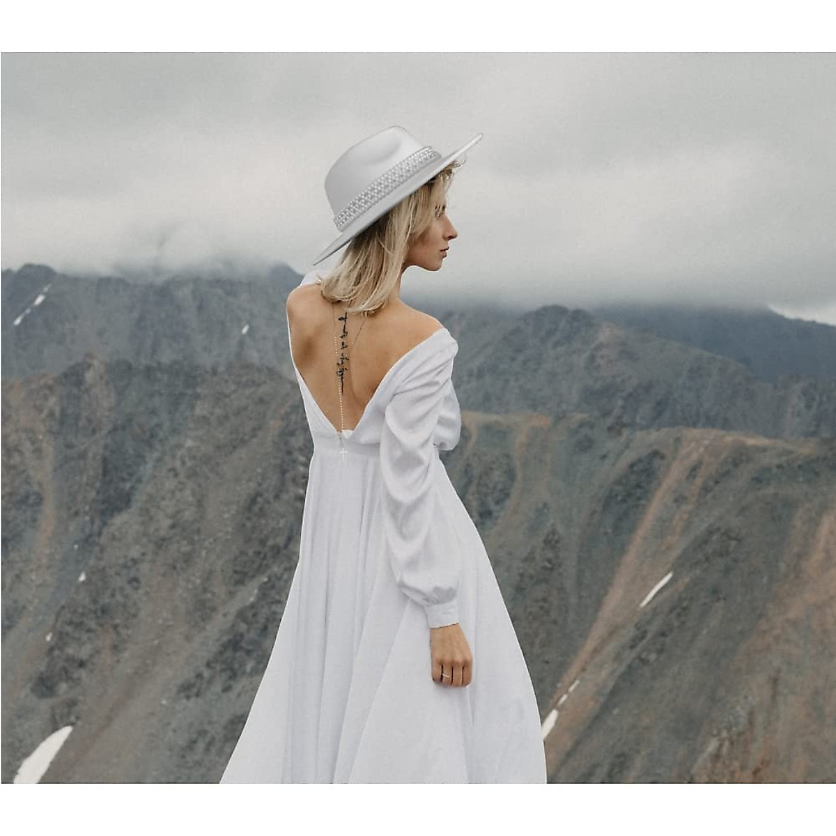 HUDANHUWEI Womens Wide Brim Fedora Hat with Pearl Band Lady Panama Hat A White