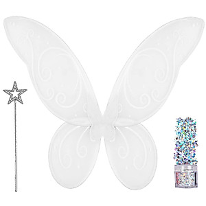 Funcredible Fairy Costume Accessories - White Fairy Wings and Fairy Star Wand, Glitter - Tooth Fairy Cosplay Outfit for Women and Girls