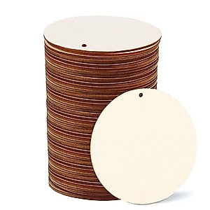 WLIANG 50 Pcs 3 inch Unfinished Wooden Round Circles with Holes, Blank Wood Circles Ornaments Hanging Tags for DIY Crafts, Party, Christmas, Home Decorations