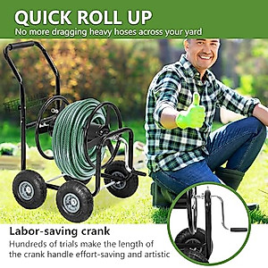 Hose Reel Hold Up To 300 Ft Heavy Duty Garden Hose Reel Sturdy Water Hose Reel Cart with 4 Wheels Storage Basket for Garden Lawn Yard Outdoor (Black)