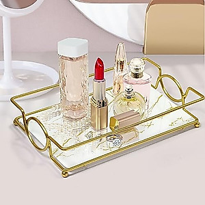 MYITYARD Vanity Tray, Bathroom Countertop Decorative Perfume Tray, Metal and Glass Tray for Jewelry, Makeup, Votive Candle Storage Organizer, 10.6" x 6.3", Gold