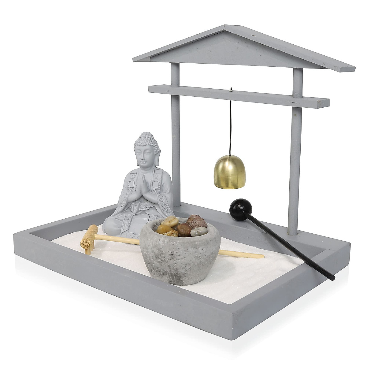 Gray Japanese Zen Garden Sand Box with Miniature Gold Bell Design - Mini Buddha Statue in Sand - Perfect Meditation Gifts for Relaxation and Mindfulness - Perfect Home and Office Decor