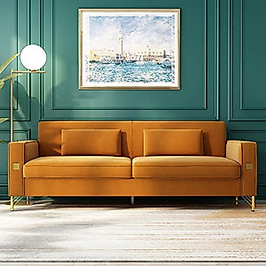 ANTTYBALE 85.63" Velvet Sofa,Modern Loveseat Couch with Pillows Set of 2 for Living Room,Bedroom,Apartment Furniture with Gold Metal Legs (Orange)