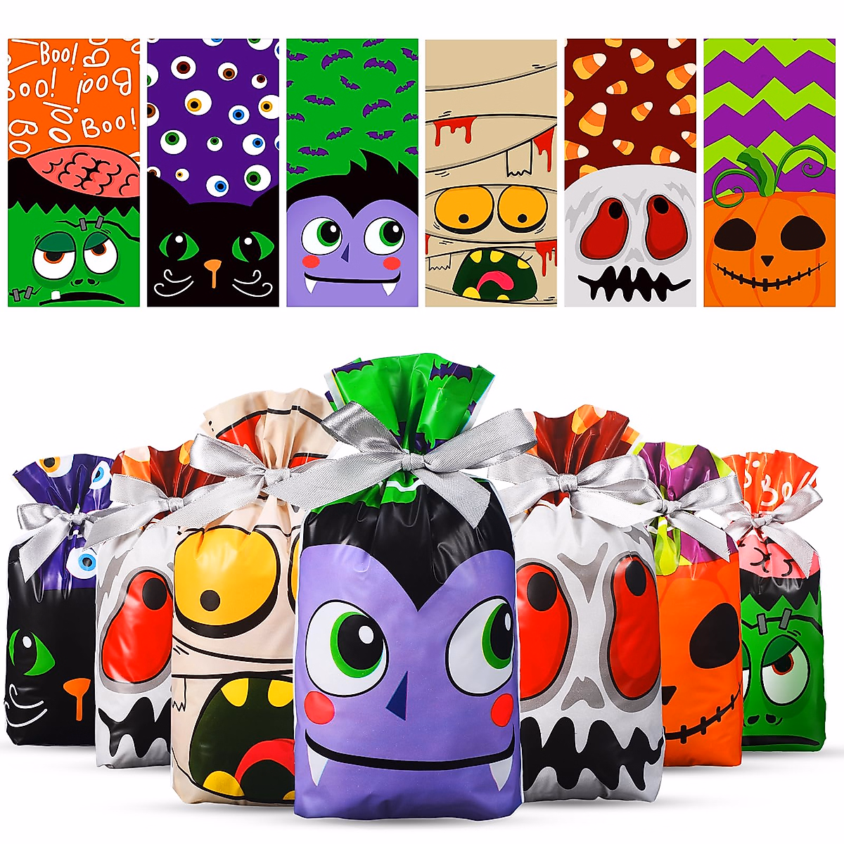 Funrous 48 Pcs Halloween Drawstring Treat Bags Bulk Halloween Plastic Candy Goodie Bags Trick or Treat Party Gift Bags for Kids Birthday Halloween Theme Party Favors Supplies