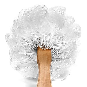 Shower Loofah on a Stick Body & Back Scrubber - Long Handled Mesh Bath Sponge Pouf Luffa Brush on a Stick with a Wood Handle for Men & Women - Easy Reach Body Wash & Lotion Applicator