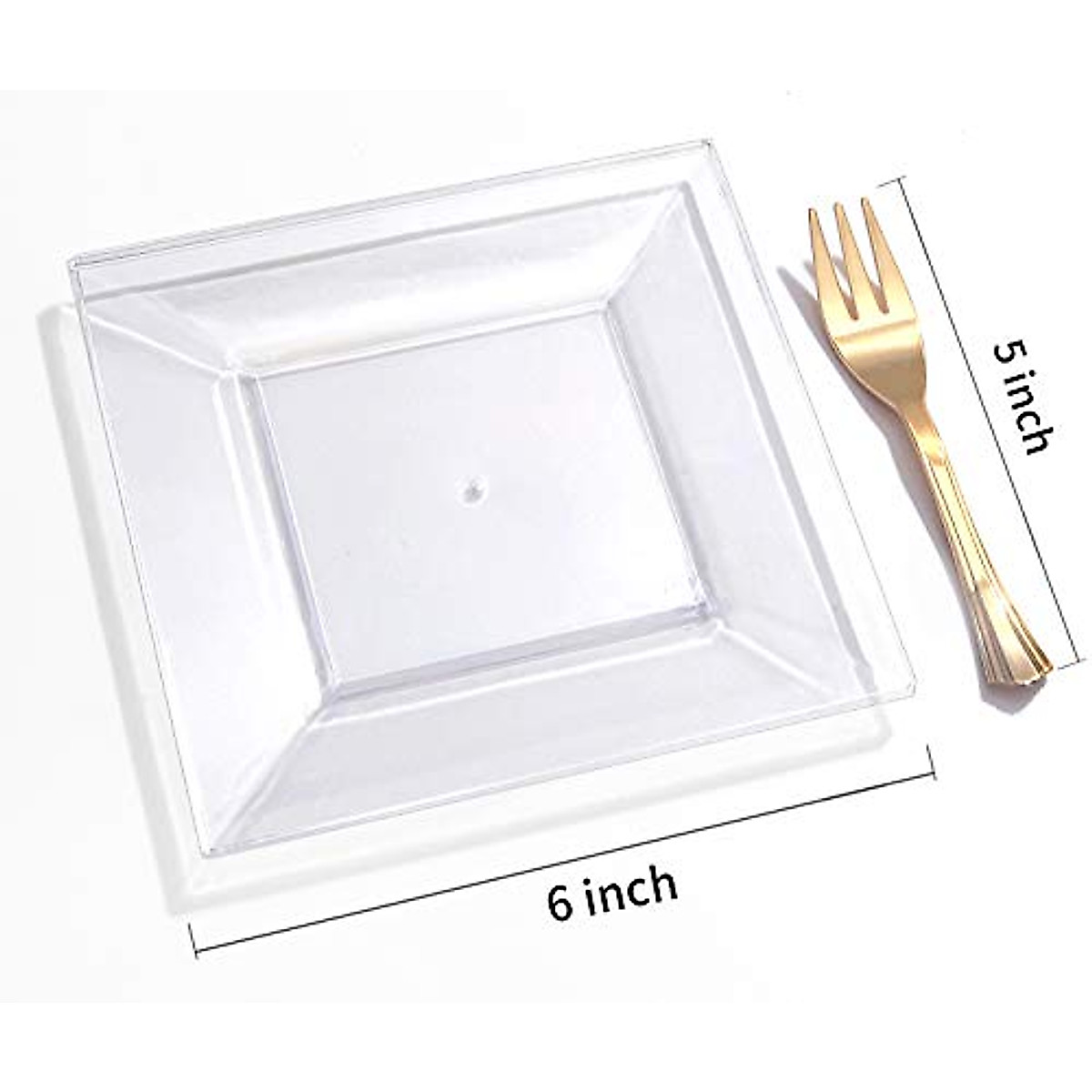 100pcs Square Dessert Plates with 100pcs Gold Dessert Forks, Clear Premium Plastic Salad Plates, Party Essentials Appetizer Plates,Gold Plastic Silverware, 6" Clear Dessert Plates and 5" Gold Forks