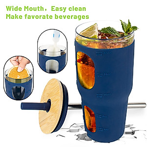 Tronco 32 Oz Tumbler with Straw and Lid, Reusable Drinking Glass Cup with Time Marker, Silicone Sleeve, Fits Cup Holder and Without BPA for Boba Smoothie, Tea, Iced Coffee (Black)