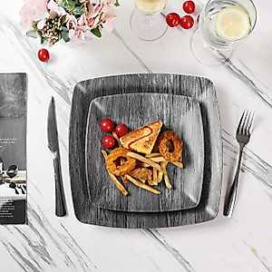 Melamine 12pcs Classic Square Dinnerware Set, Concise Plates and Bowls Set, Service for 4, Dishwasher Safe, Natural Wood Grain Design,black wood