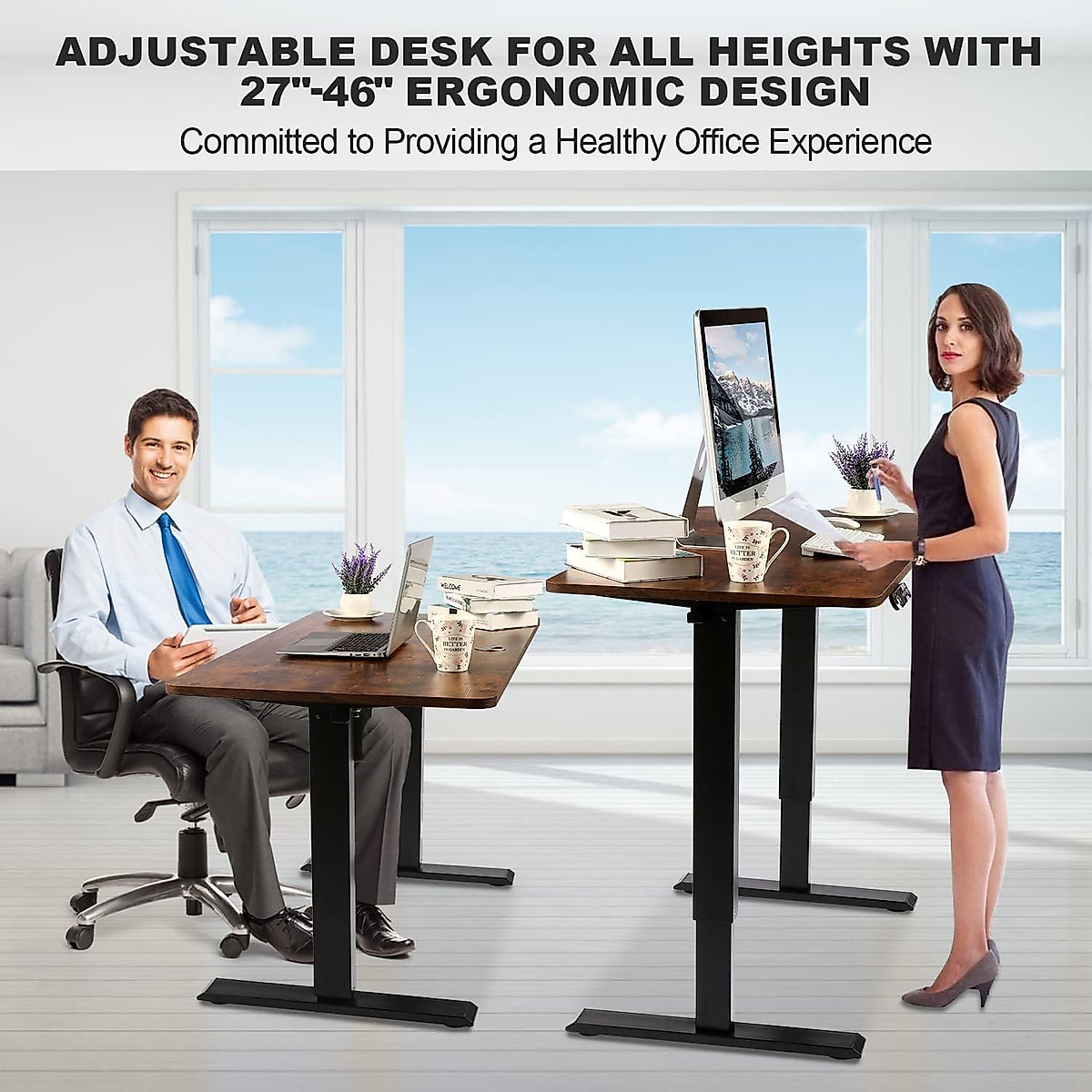 Legooin Electric Standing Adjustable Height Desk 55'' x 24''Sit Stand Desk with Double Crossbeam Structure, 27''-45'' Lifting Range Stand up Desk(Brown Arc)