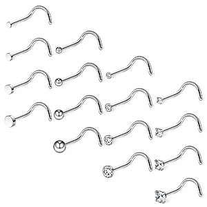 Ruifan 16PCS 18G Surgical Steel 1.5mm 2mm 2.5mm 3mm Top Flat & Ball & Clear Round & Jeweled Clear CZ Curved Nose Stud Ring Screw Piercing Jewelry - Silver