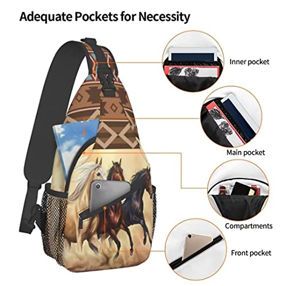 Horse Pattern Sling Bag Crossbody Backpack,Aztec Boho Ethnic Style Western Horse Chest Bag Three Horses Run In Desert Sandstorm Adjustable Shoulder Backpack Travel Hiking Casual Daypack For Men Women