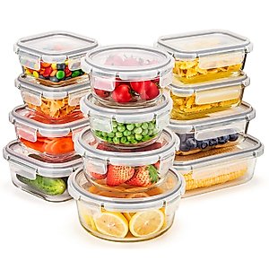 Glotoch 12 Sets Glass Food Storage Containers with Lids, Oven Safe Meal Prep Containers Reusable Glass Lunch Containers for Adults, Airtight Recipientes de Vidrio Con Tapa for Freezer & Dishwasher