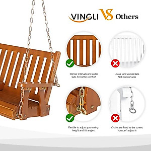 VINGLI Heavy Duty 880 LBS Wooden Patio Porch Swing with Cup Holder, 5 FT Well-Finished Outdoor Swing Chair Bench with Adjustable Chains for Porch, Yard, Balcony, Tree