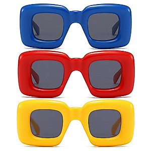 laureles Fashion Square Y2k Sunglasses for Women Yellow Blue Gradient Sun Glasses Men Punk Hip Hop Shades UV400 (3PCSC2Red+C2Yellow+C2Blue)