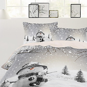 Debedcor Grey Snowman Christmas Bedding Cal. King Comforter Covers Sets, Gray Winter Snowflake Branch 4 Piece Duvet Cover Set Lightweight Microfiber Soft Bedding Set for Adult Teen, Xmas Forest Snow