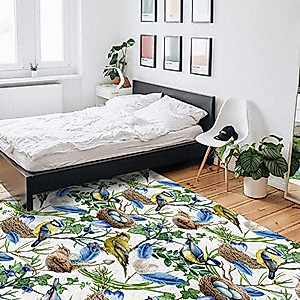 Leaves Birds Area Rug 3'x5',Blue Green Branch Plant Fruit Feather Egg Outdoor Indoor Small Carpet Runner for Kids Teen Girls Boys Bedroom,Living Room,Bathroom,Office,Kitchen,Washable Area+Rug