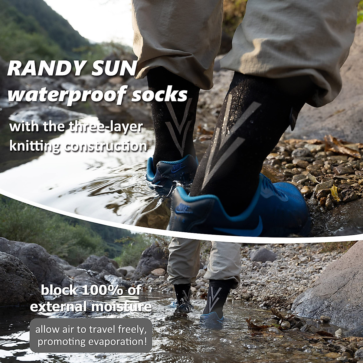 Waterproof Merino Wool Hiking Socks, RANDY SUN Unisex All Weather Performance Outdoor Sport Breathable Dry Healthy Socks Black Gray Yellow S 1 Pair