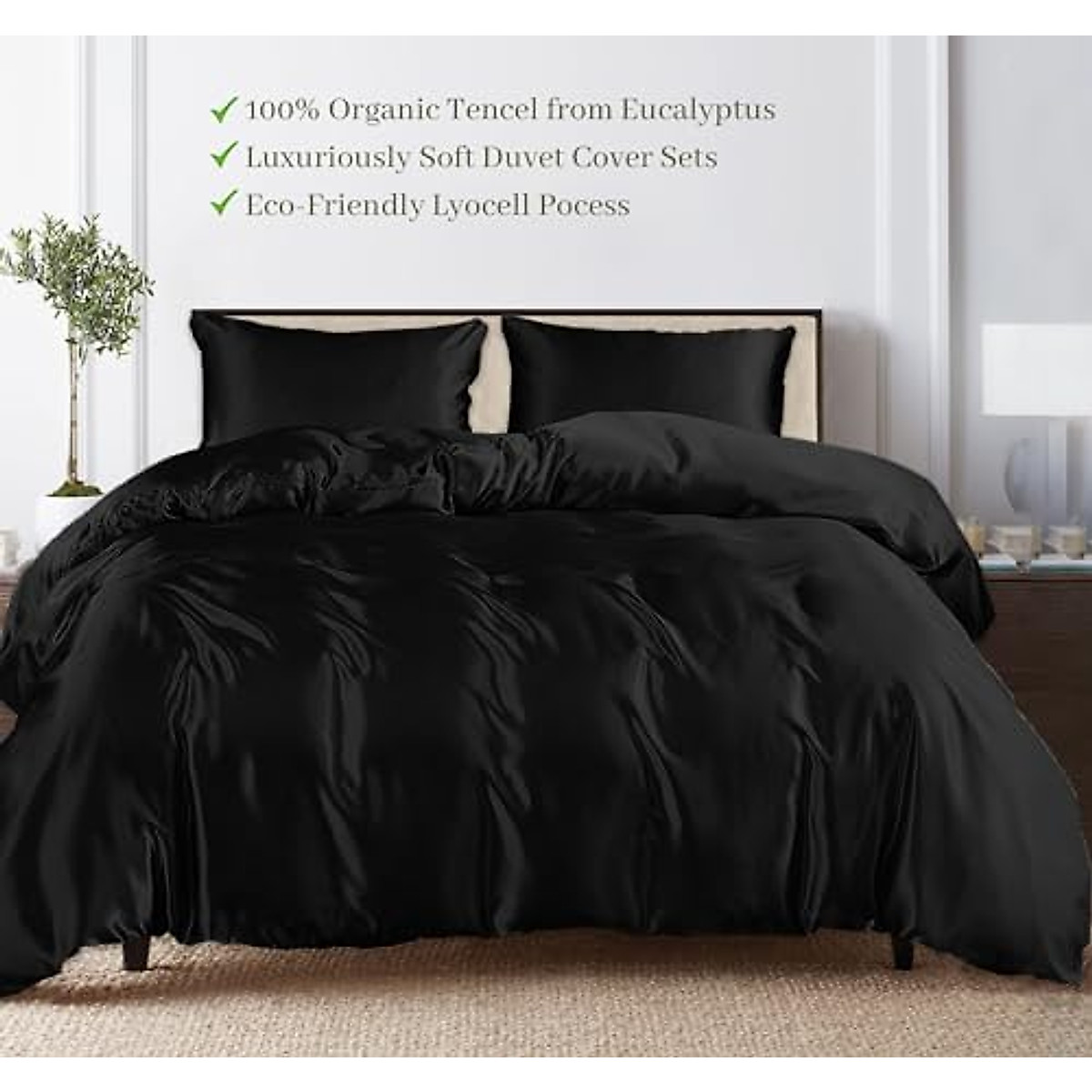 Linenwalas Tencel Lyocell Duvet Cover Set with Deep Pocket Fitted Sheet, Viscose Made from Eucalyptus Soft, Lightweight and Breathable Complete Halloween Black Bedding Set (Jet Black, King)