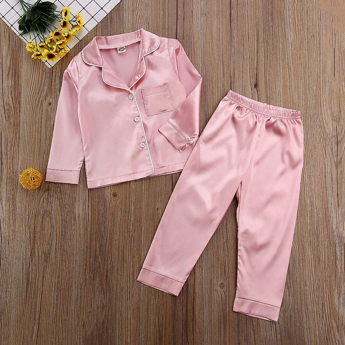 TiendaDeLage Toddler Baby Girl Satin Silk 3 Piece Long Sleve Collared Button Down Shirts and Pants Casual Cute Clothes Pink 4-5T