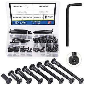 Glarks 85Pcs M6x20/ 30/40/ 50/60/ 70/ 80mm Black Hex Drive Socket Cap Bolts Kit, Allen Head Countsunk Furniture Crib Bolts Nuts Screws for Chair Table Cabinets
