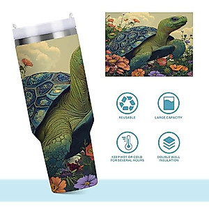 Slewiaeky Tumbler with Handle 40 oz Retro Tortoise Turtle Travel Mug with Lid and Straw Ocean Stainless Steel Vacuum Insulated Water Bottle Cup for Iced Tea Coffee Cold Beverages Cup Holder Friendly