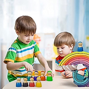 TEKOR 35 Pcs Wooden Rainbow Stacking Toy Set, Montessori Building Blocks for Toddler Girl Boy, Stacker Puzzle Educational Preschool Gifts for Kids, Semi-Circle, Stacking Blocks, Little Peg Dolls