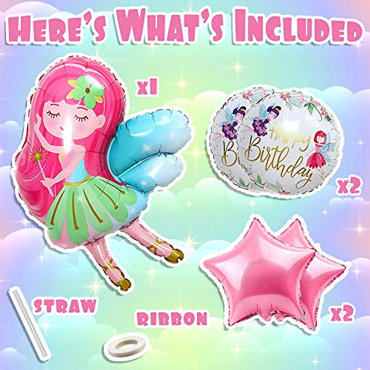 Fairy Princess Party Decorations Balloons for Birthday Party | Perfect Floral Wonderland Fairies Themed Mylar Foil Helium Balloon Decor | Magical Fairy Tale Balloon Set for Girls in Pink & White