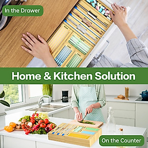 8 in 1 Plastic Wrap Dispenser with Cutter and Bag Organizer, Bamboo Plastic Bag Organizer for Drawer, Kitchen Organizers and Storage, Kitchen Drawer Organizer for Gallon,Quart,Sandwich,Snack Bag